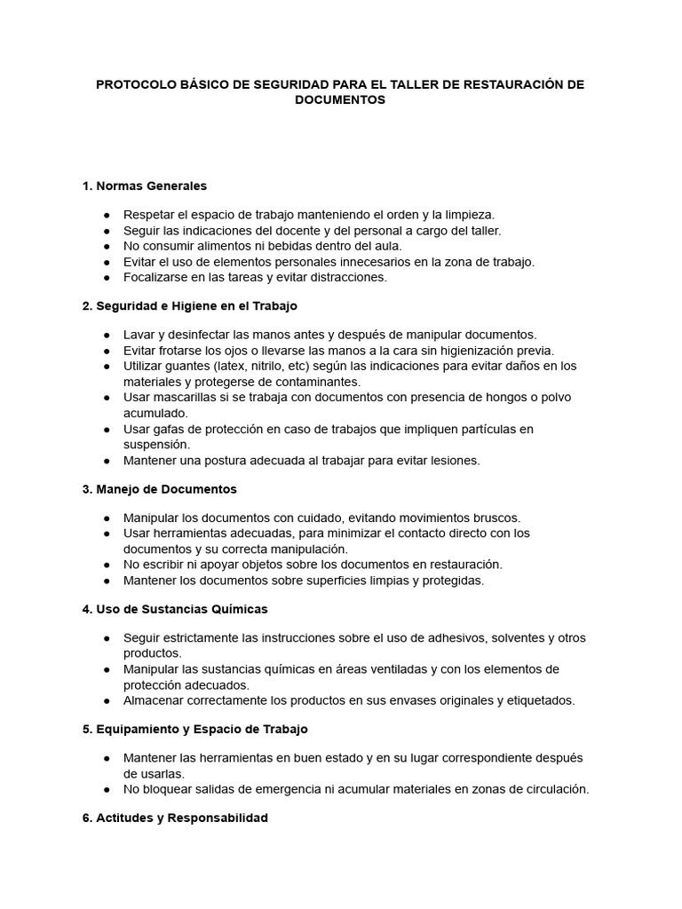 Protocolo Básico de Seguridad para El Taller de Restauración de Documentos | PDF