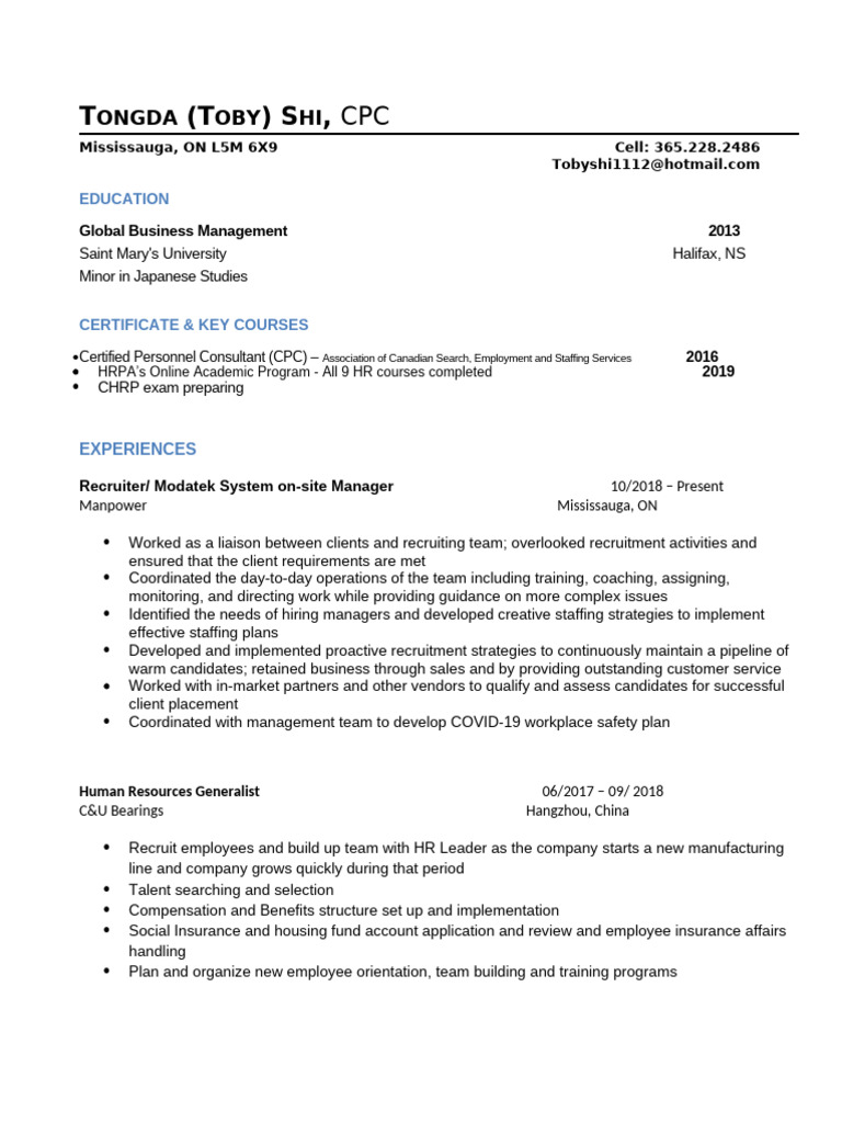 Toby Shi: Human Resources Expertise | PDF | Recruitment | Human Resources