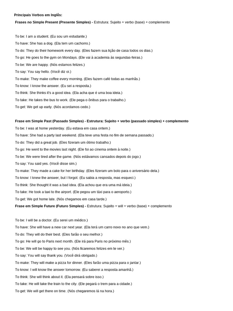 Verbos Essenciais Em Inglês Presente Passado E Futuro Pdf