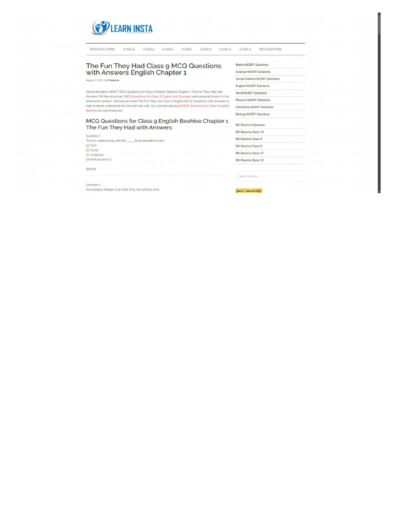 The Fun They Had Class 9 MCQ Questions With Answers English Chapter 1 ...