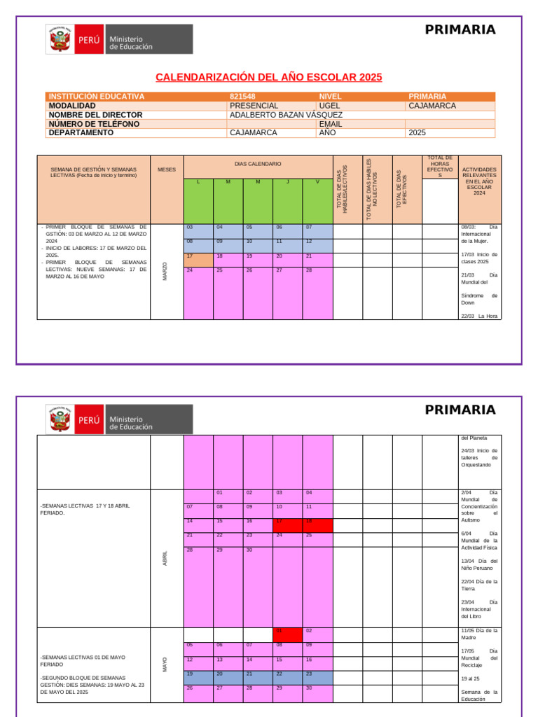 CALENDARIZACIÓN DEL AÑO ESCOLAR 2025 | PDF