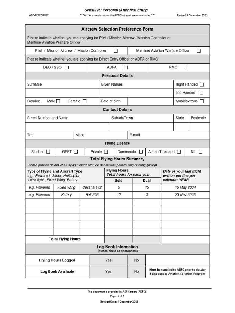 ADF-RECFOR027 Aircrew Selection Preference Form | PDF | Fixed Wing Aircraft | Aviation