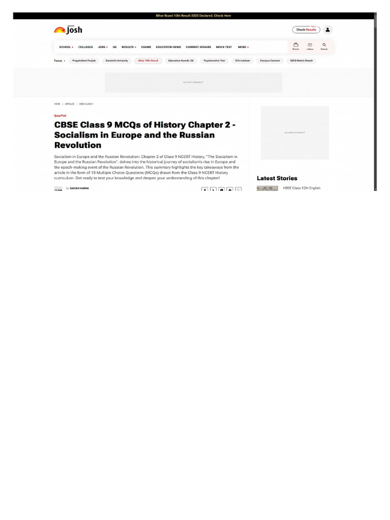 Socialism in Europe and The Russian Revolution Class 9 MCQs CBSE History Chapter 2 Multiple ...