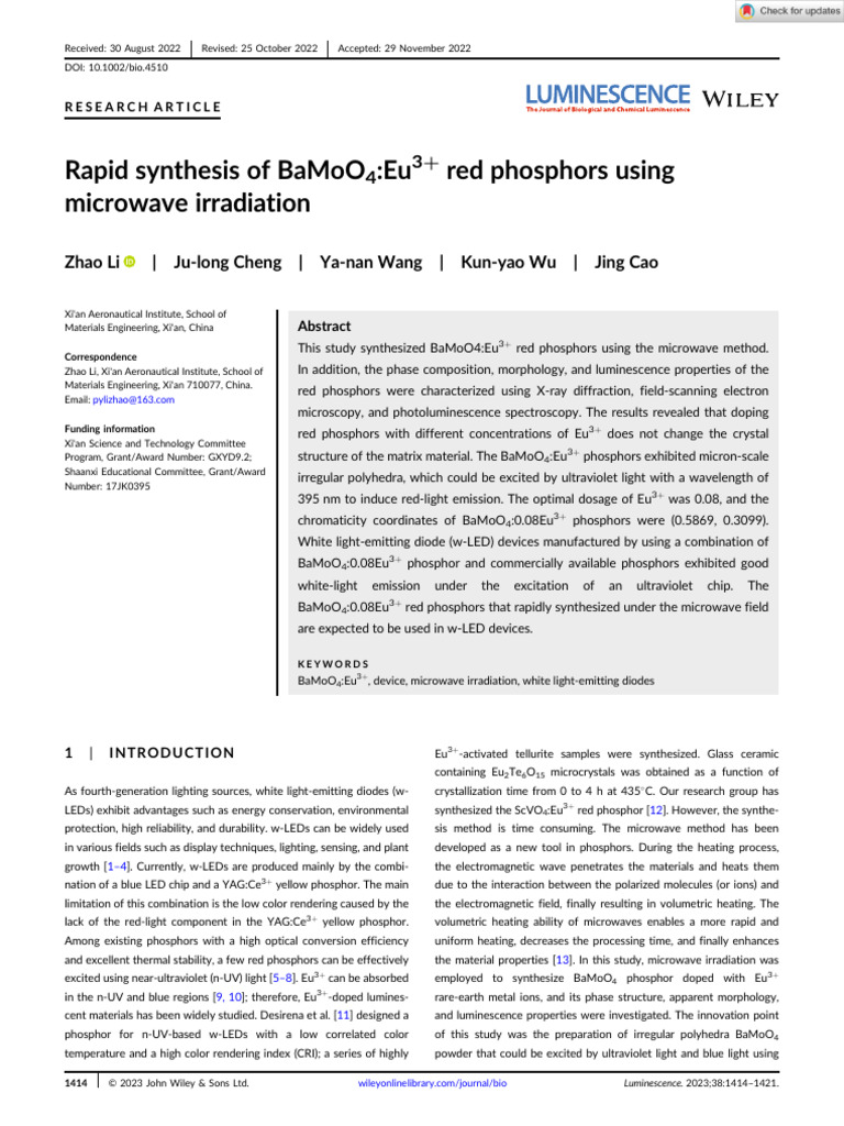 Luminescence - 2023 - Li - Rapid Synthesis of BaMoO4 Eu3 Red Phosphors ...