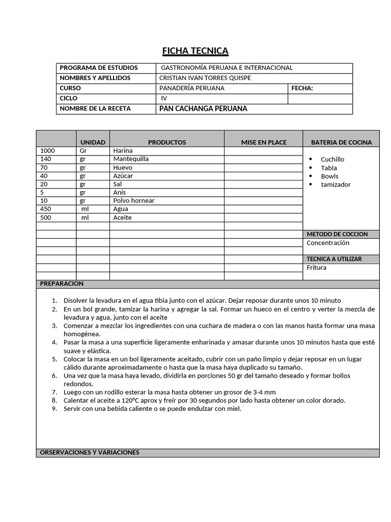 FICHA TECNICA PANADERIA CRISTIAN IVAN TORRES QUISPE | PDF | Panes ...