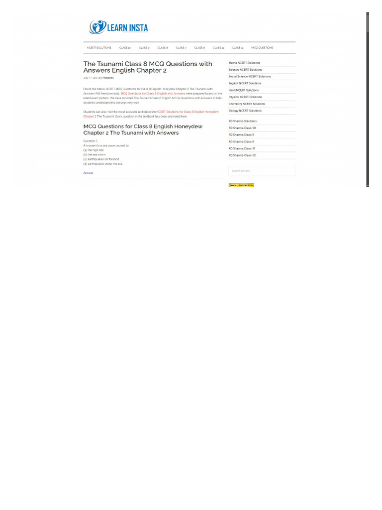 The Tsunami Class 8 MCQ Questions With Answers English Chapter 2 ...