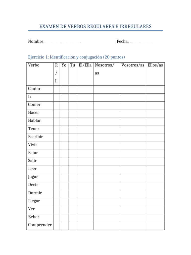 Examen de Verbos Regulares e Irregulares | PDF