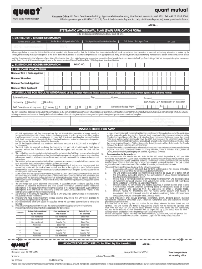 Systematic Withdrawal Plan (SWP) Application Form | PDF | Cheque ...