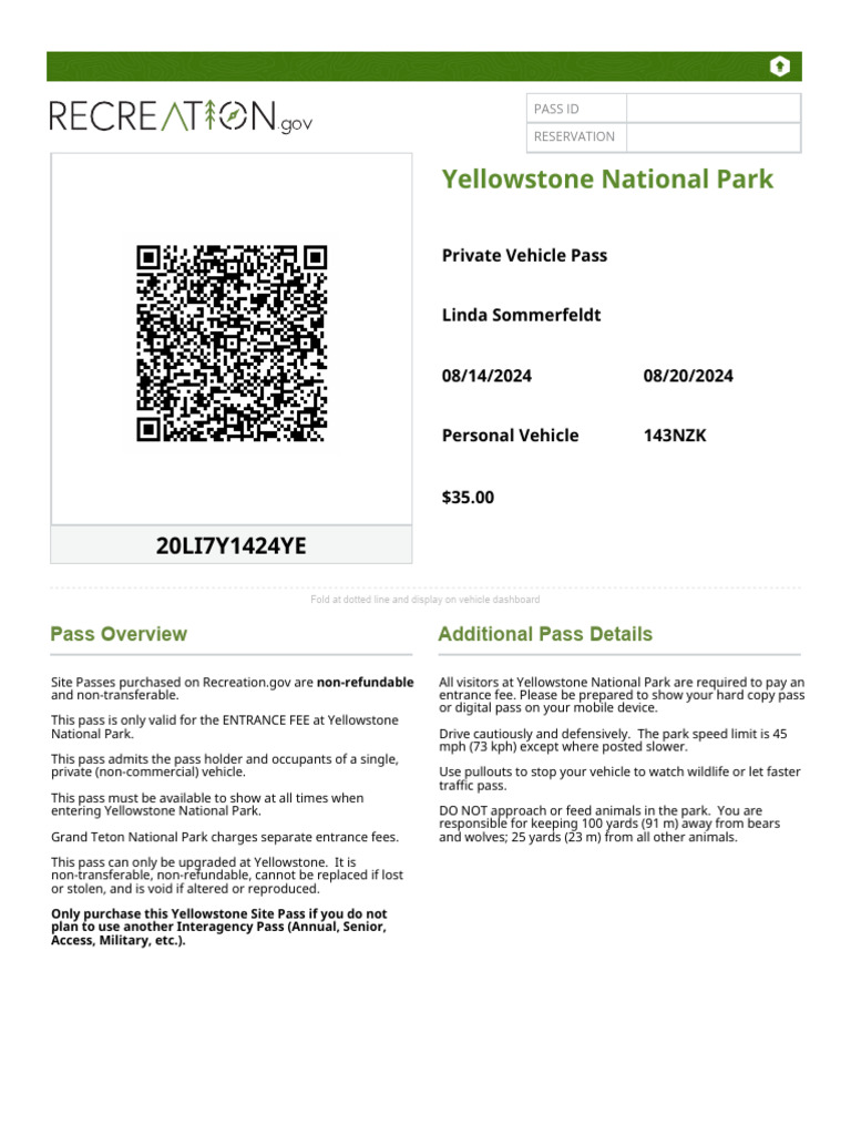 Yellowstone National Park Vehicle Pass | PDF | Driving | Vehicles