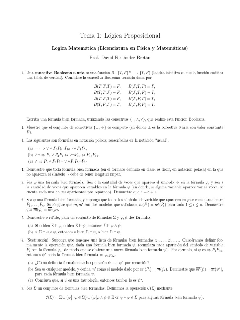 Lista1-Logica Proposicional | PDF | Álgebra de Boole | Enseñanza de ...