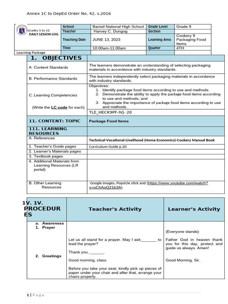 Grade 9 Cookery Lesson on Food Packaging | PDF | Canning | Food Science