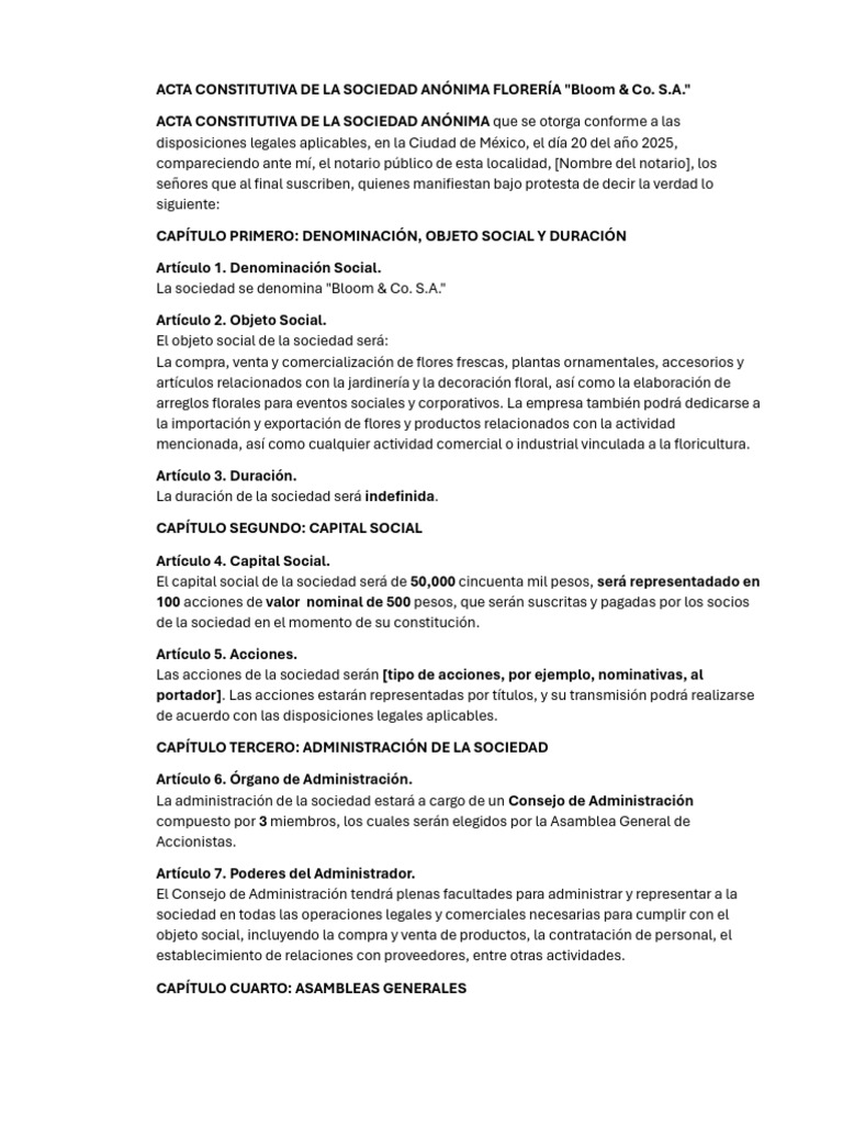 Acta Constitutiva Bloom & Co. S.A. | PDF | Sociedad de responsabilidad ...