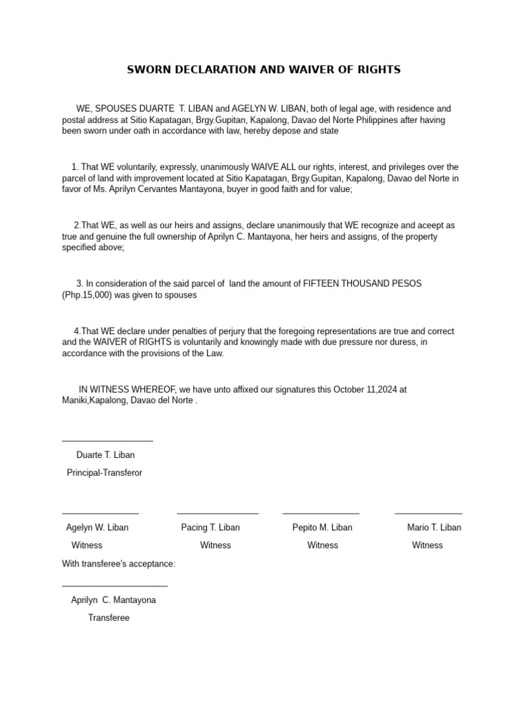 Sworn Declaration and Waiver of Rights | PDF