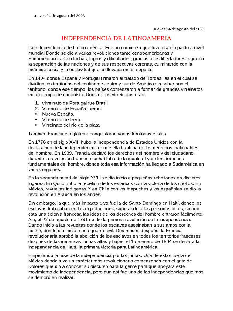 Independencia de Latinoamérica: Causas y Etapas | PDF | America latina ...