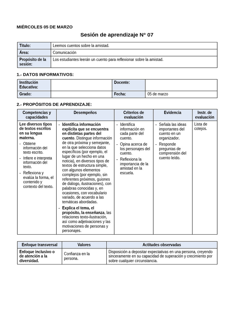 Cuentos Sobre La Amistad 3° - Grado - Sesiones - Del - 05 - de - Marzo ...