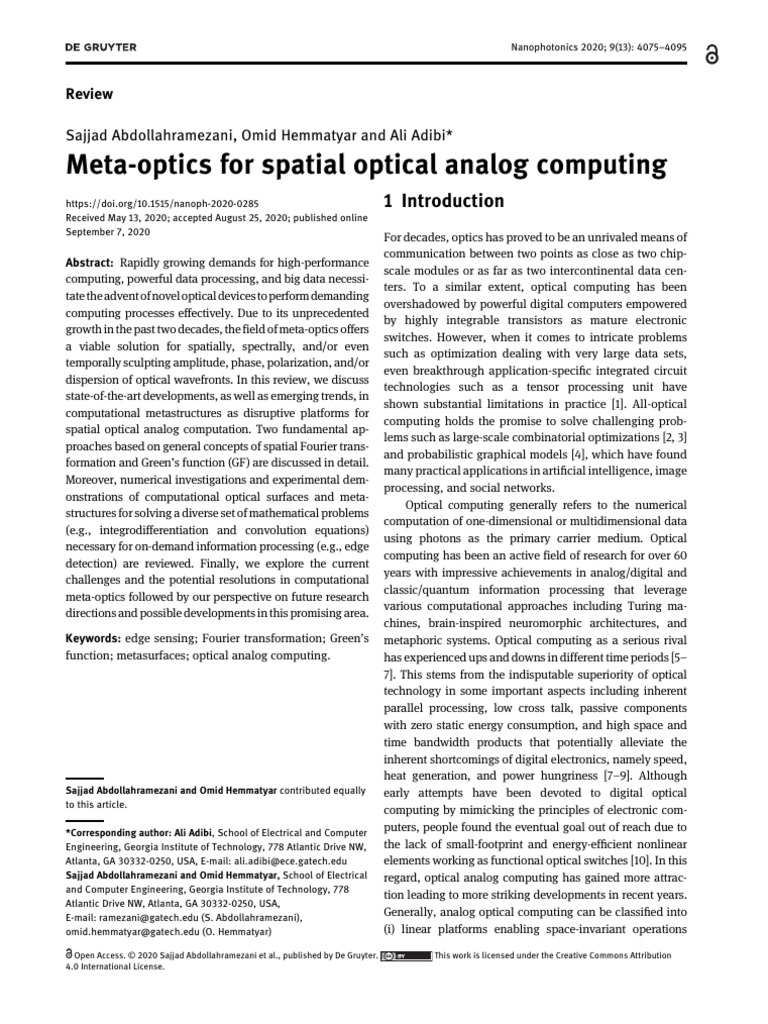 Meta Optics For Spatial Optical Analog Computing 4s1kl3b7bf | PDF | Fourier Transform | Metamaterial
