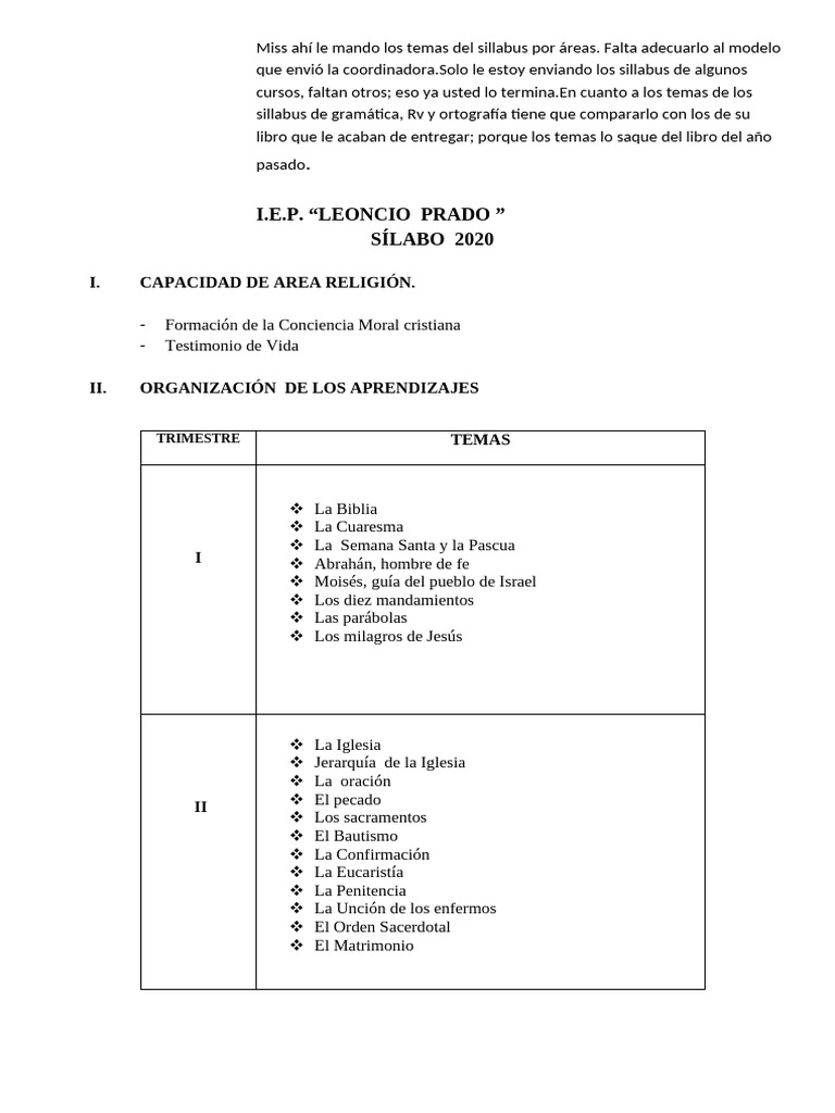 Silabos de RV, Gram, Orto, Cta, PS, Reli de 4to Primar | PDF ...