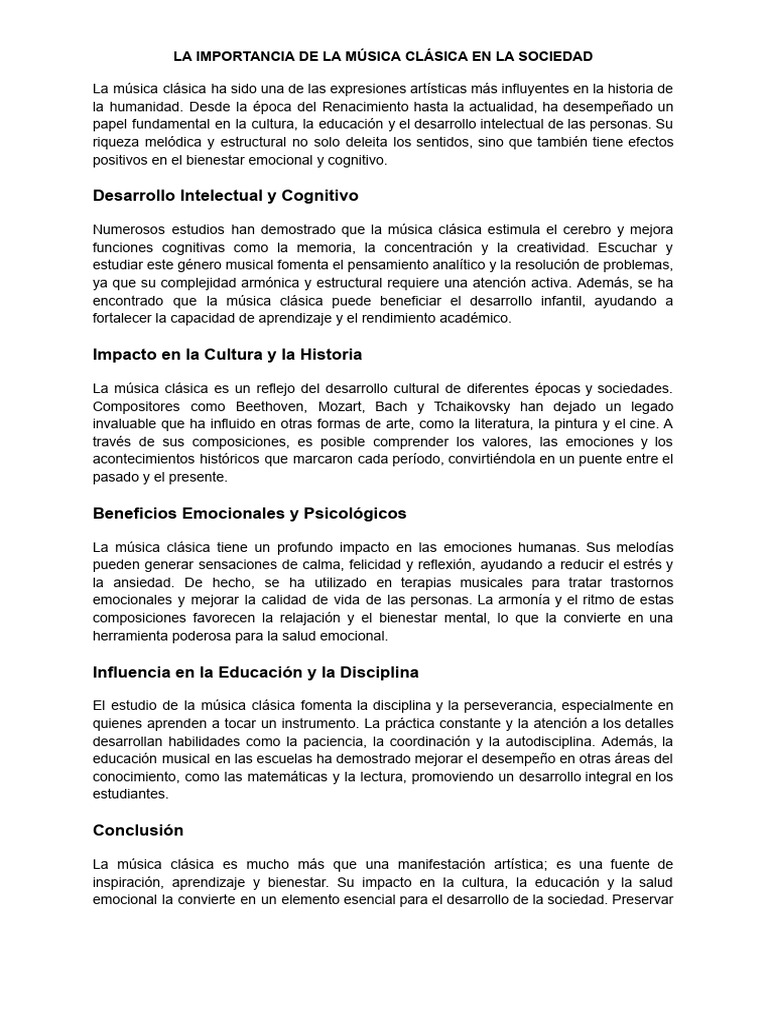 La Importancia de La Muscia Clasica | PDF | Las emociones | Música clásica