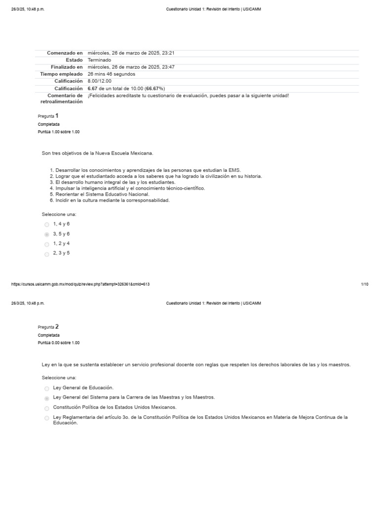 Cuestionario Unidad 1 Revisi n Del Intento USICAMM.pdf | PDF | Escuelas ...