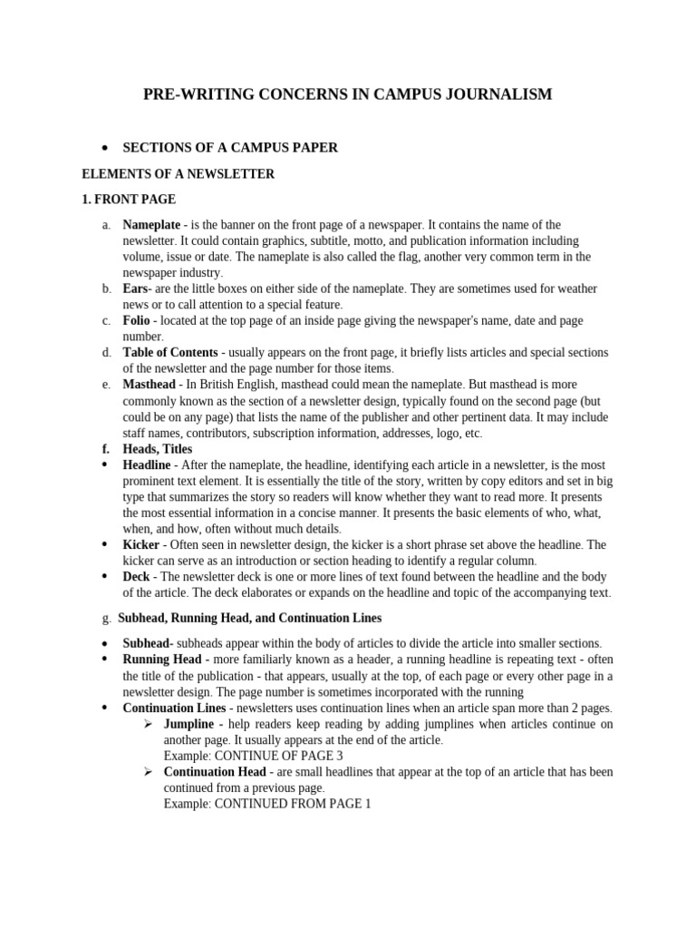 Campus Journalism Pre-Writing Guide | PDF | Newspapers | Editorial