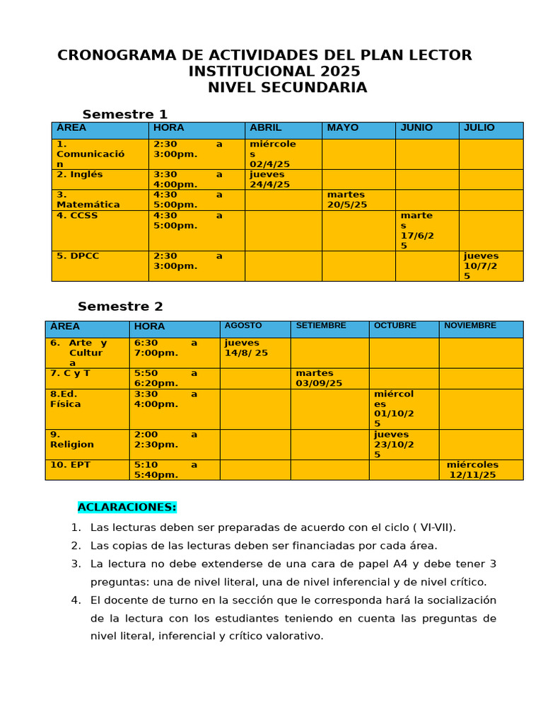 Plan Lector - Cronograma de Lecturas | PDF