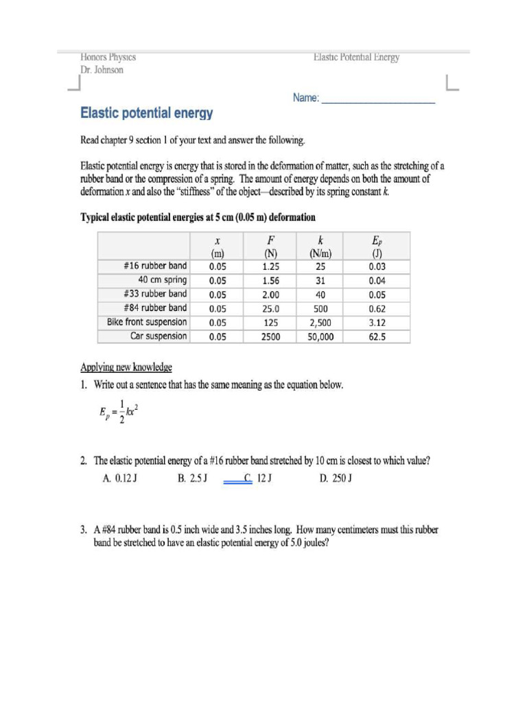 Elastic Potential Energy | PDF