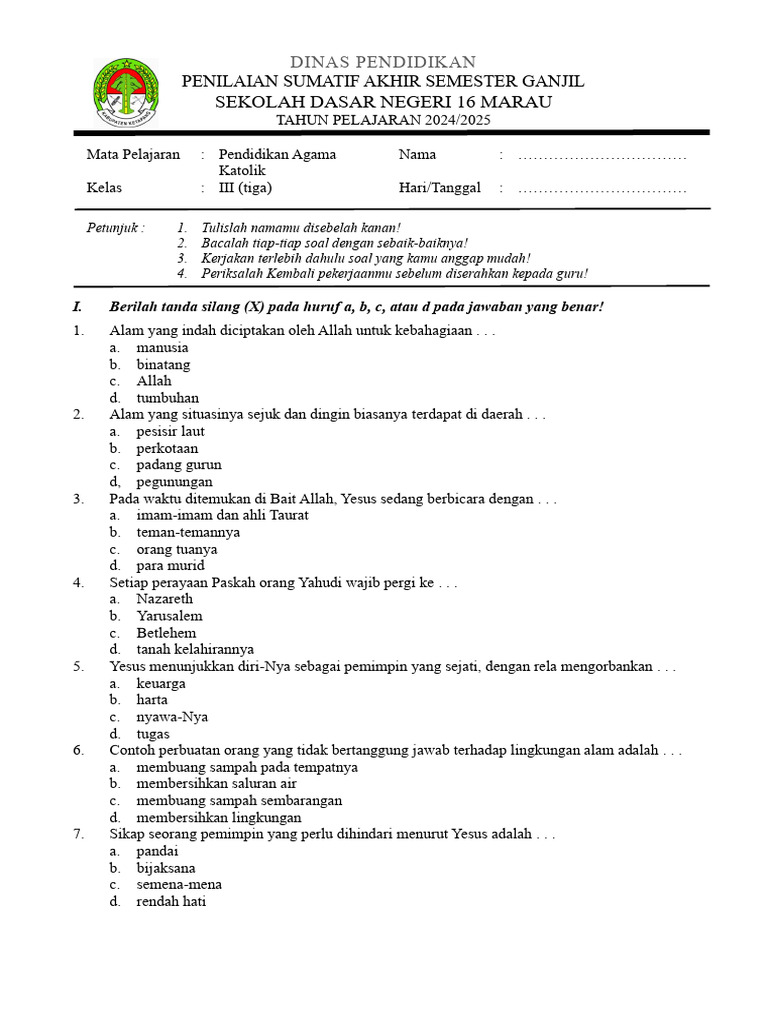 Soal Pendidkan Agam Katolik Kelas 3 | PDF