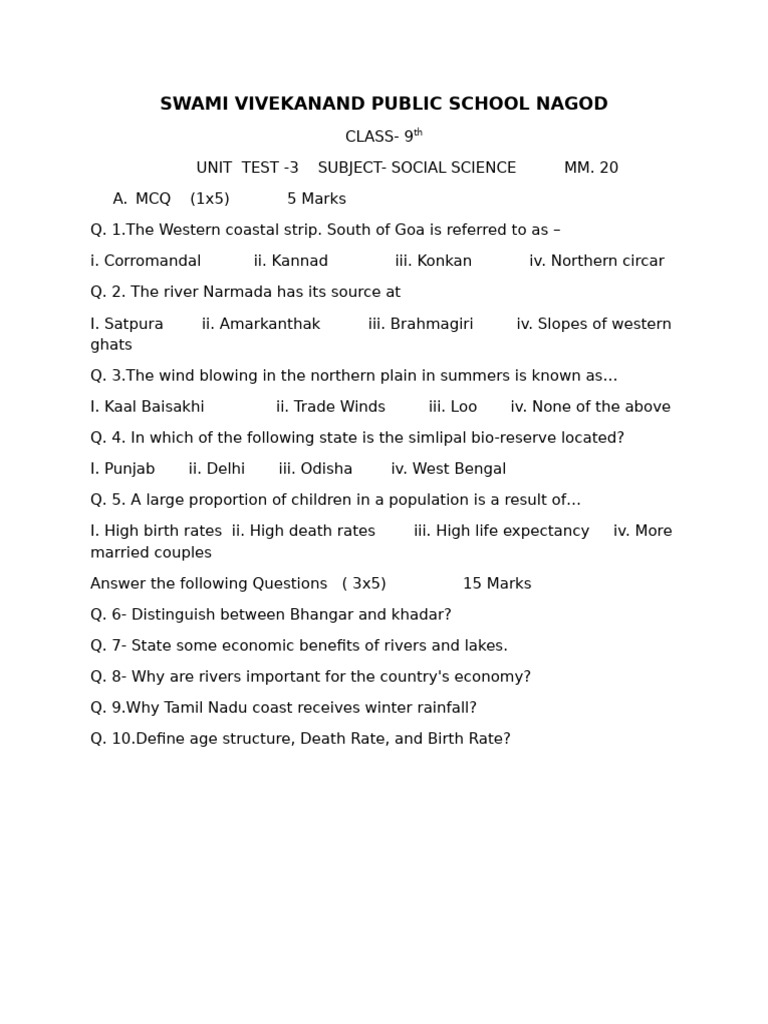 Class 9 Social Science Unit Test 3 | PDF