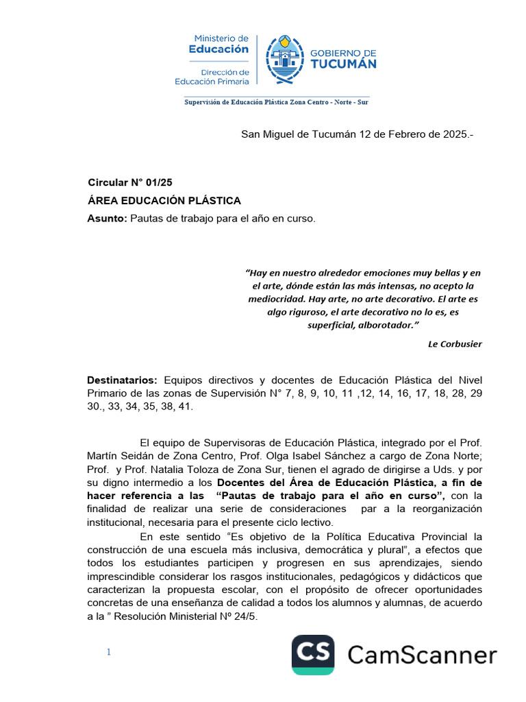 Pautas de Trabajo 2025 Supervision Educacion Plastica Zona Centro-1 | PDF | Enseñando ...