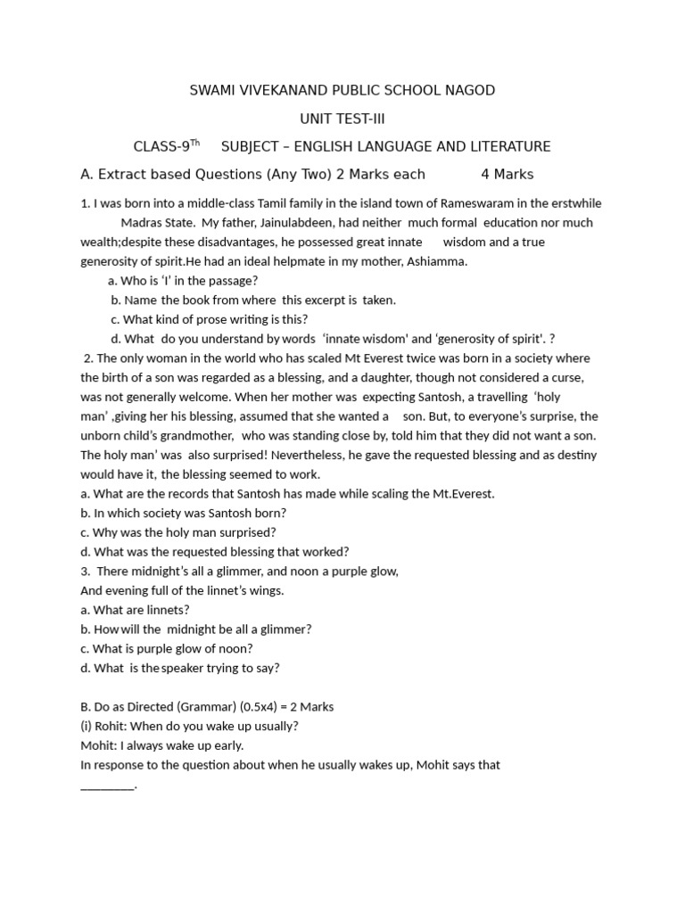 Class 9 English Unit Test III Paper | PDF