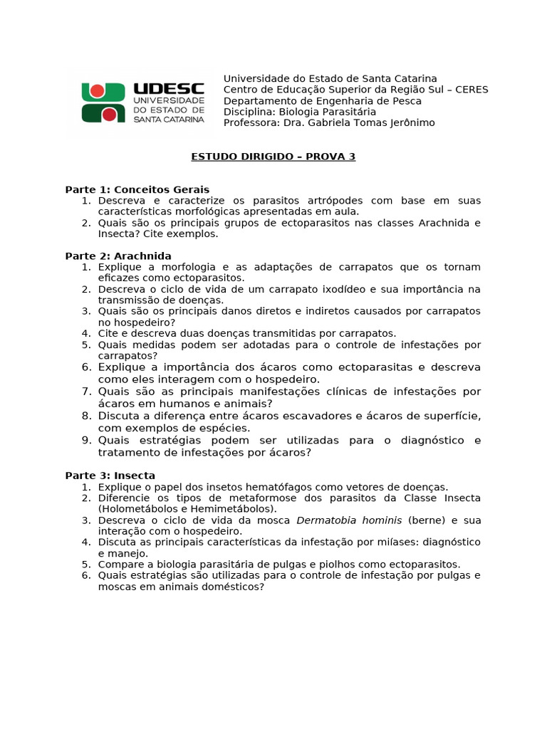 Estudo Dirigido - Prova 3 - Biologia Parasitária | PDF