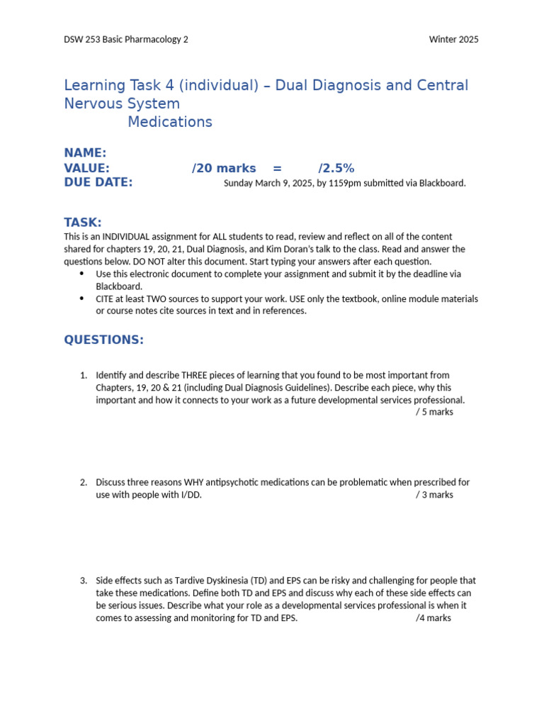Learning Task 4 2.5 - W2025 Dual Diagnosis and CNS Meds | PDF | Clinical Medicine