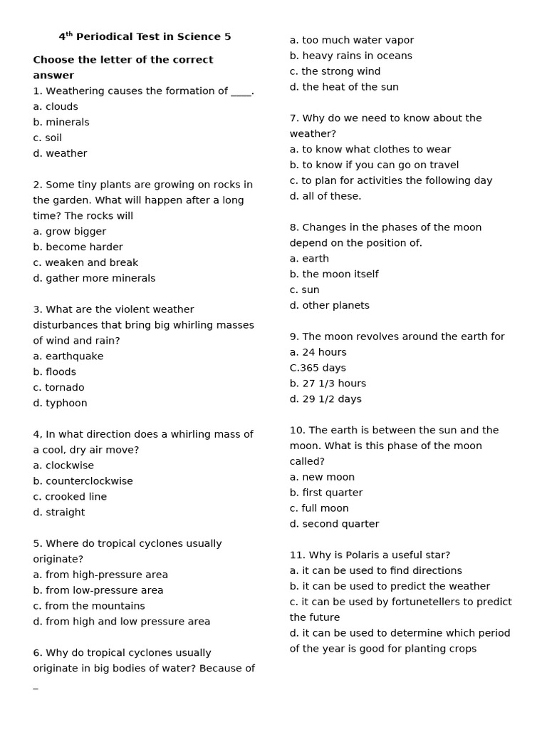 4th Periodical Test in Science 5 | PDF | Constellation | Wound
