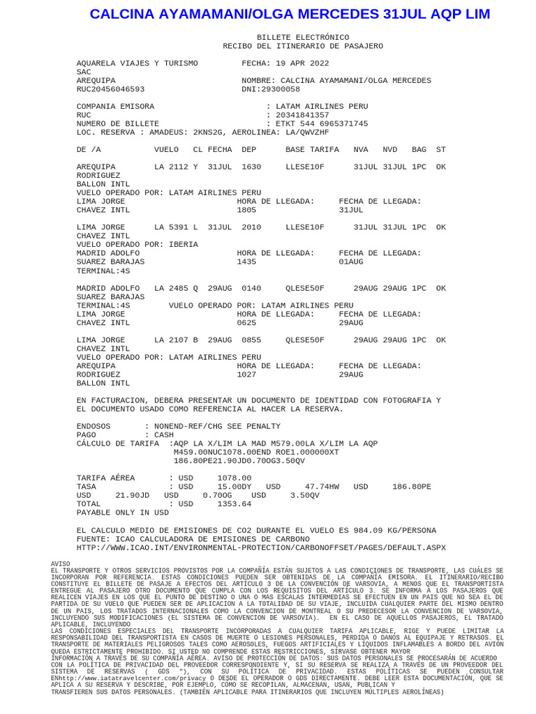 Calcina Ayamamani - Olga Mercedes 31jul Aqp-Rom | PDF | Política de privacidad | Aviación