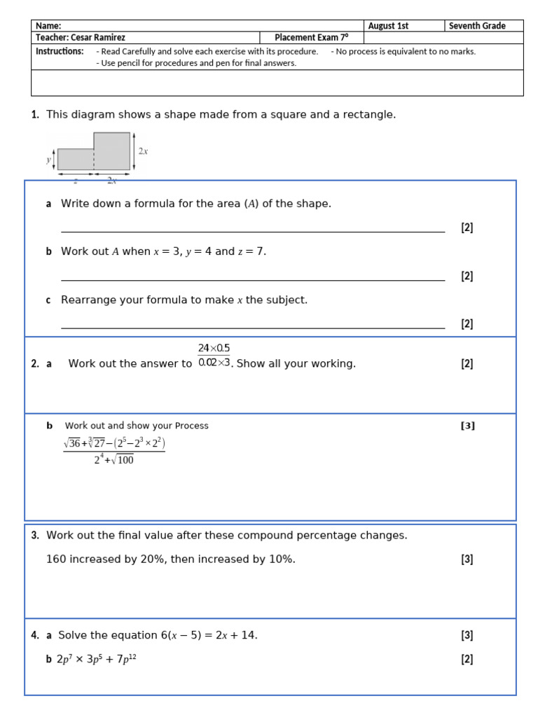 Seventh Grade Math Placement Exam | PDF | Triangle | Area