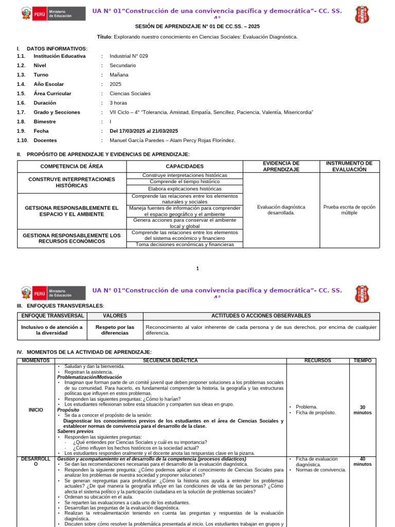 Sesión de Aprendizaje #01 - CCSS 4° - Ua 1 | PDF | Evaluación | Perú