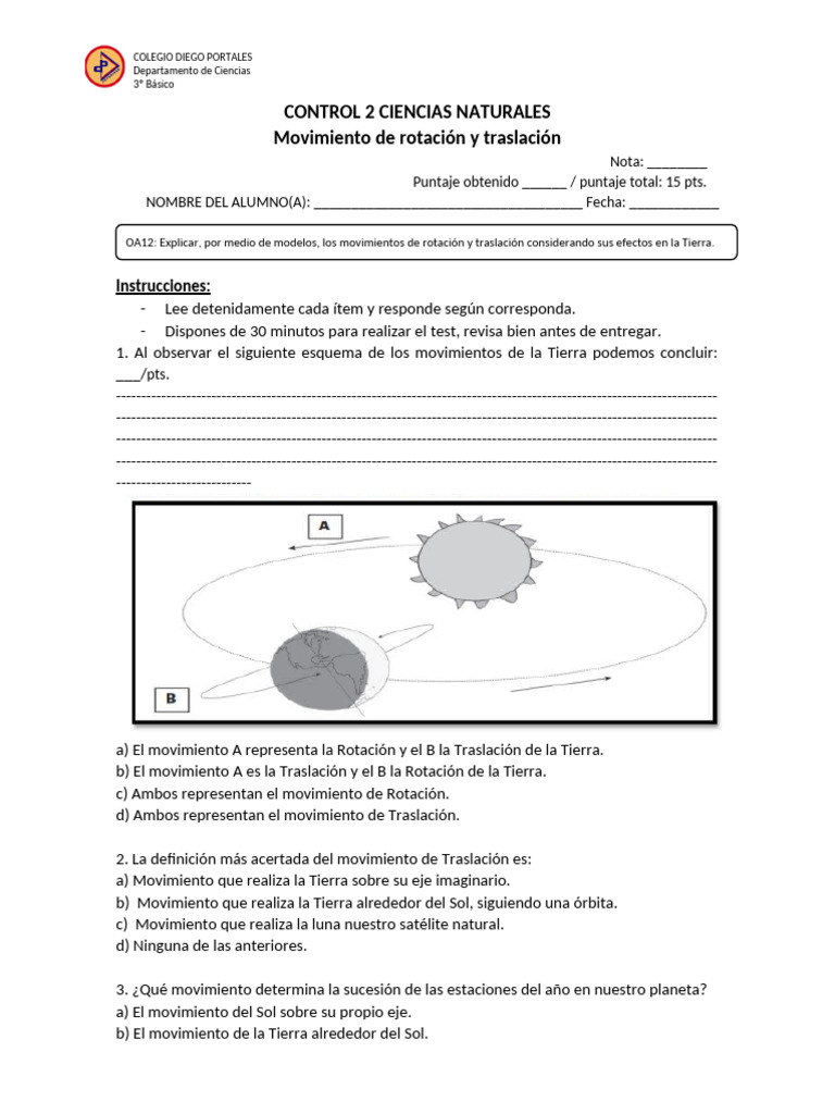Control 2 Ciencias Rot - Tras | PDF | Tierra | Luna
