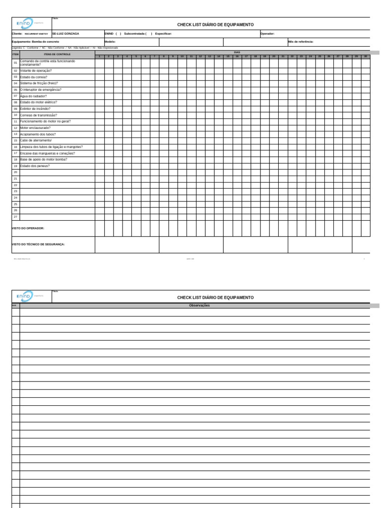 Check-List Diário - Bomba de Concreto | PDF