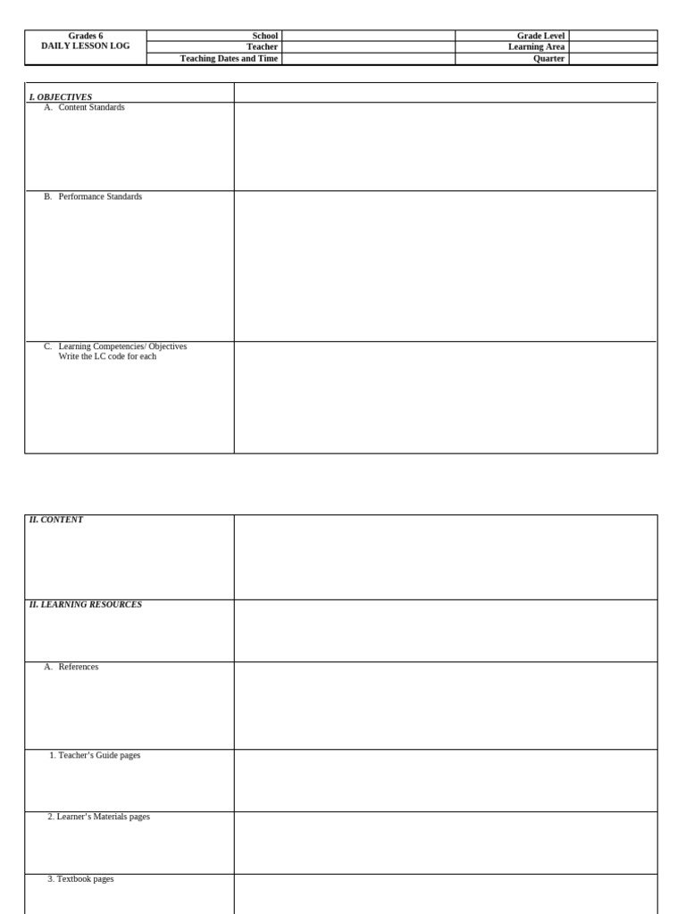 A. Content Standards: Grades 6 Daily Lesson Log School Grade Level ...