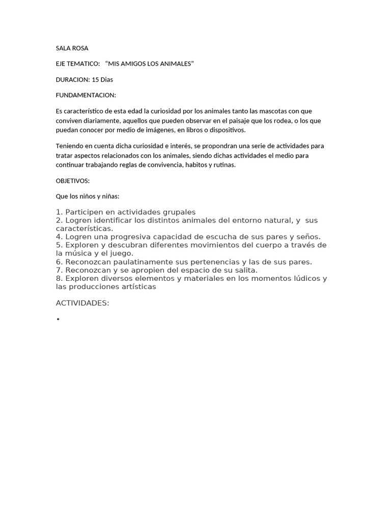 Eje Tematico Mis Amigos Los Animales | PDF