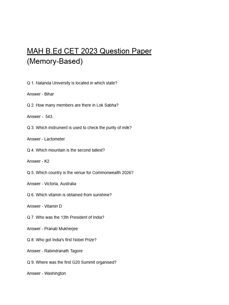 Mah Bed Cet 2023 Question Paper Memory Based | PDF