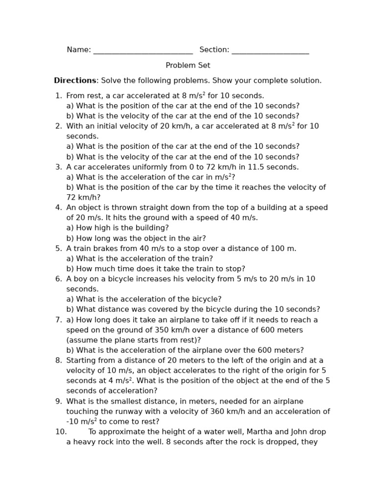 Problem Set In Physics Pdf Acceleration Speed