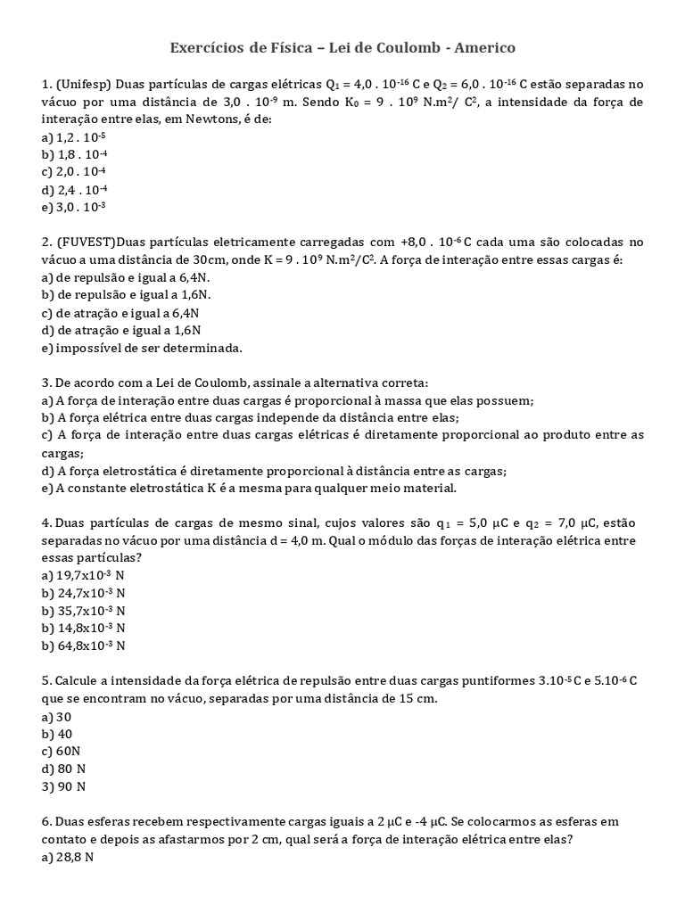 Exercícios sobre Lei de Coulomb em Física | PDF | Carga elétrica ...