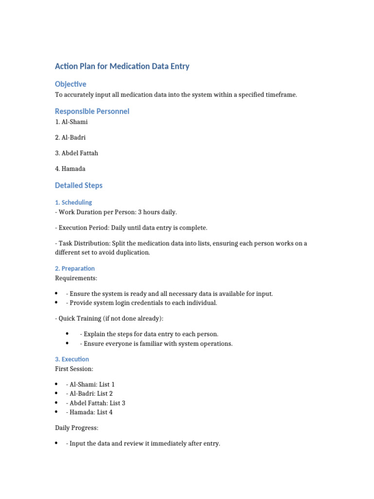 Action Plan For Medication Data Entry | PDF