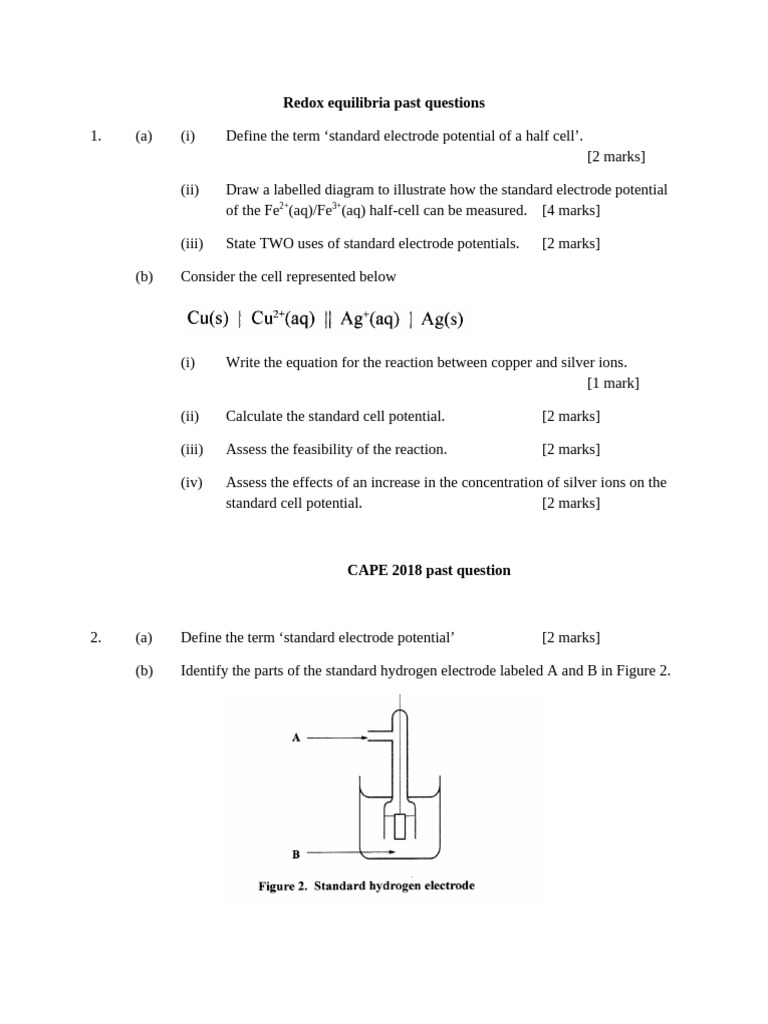 Redox Equilibria Past Questions | PDF | Electrochemistry | Electrode