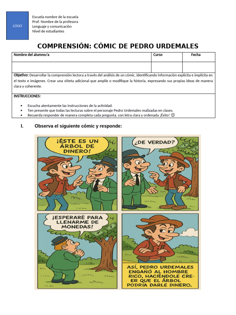 Actividad Comprensión Pedro Urdemales Cómic | PDF
