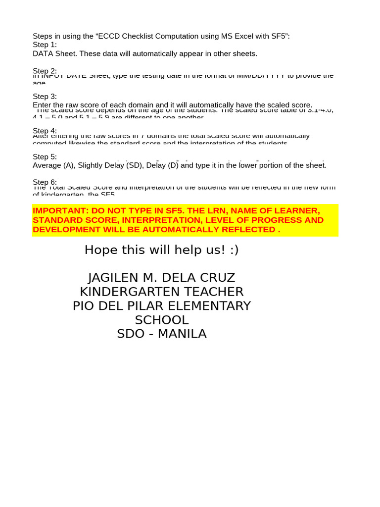 ECCD Checklist Report With SF5 KCEP | PDF