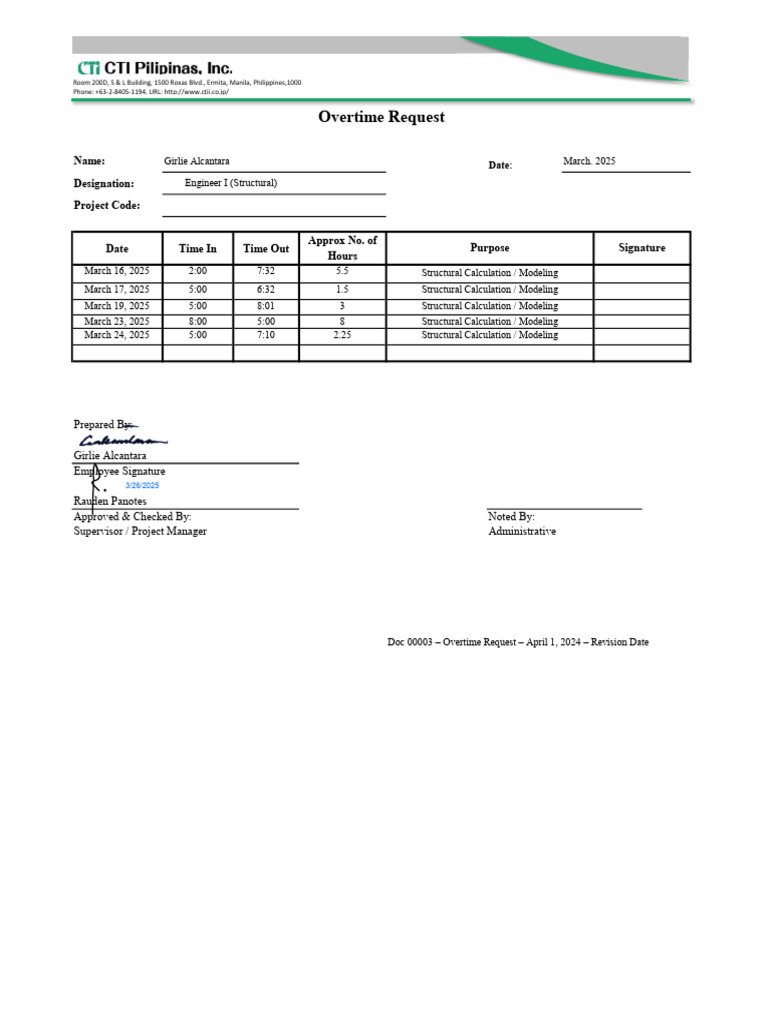 Overtime Request Document for March 2025 | PDF
