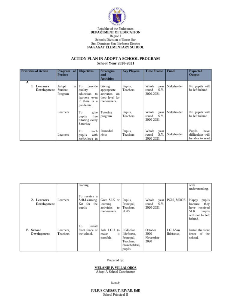 Action Plan Adopt A School Program | PDF | Intelligence | Teaching