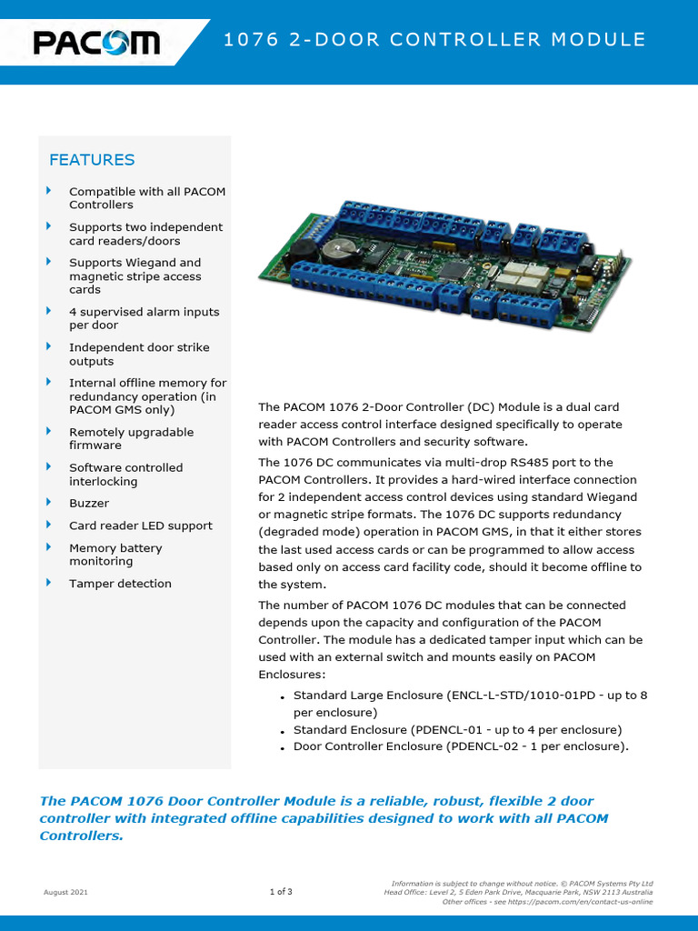 PACOM 1076 2 Door Controller Module Datasheet | PDF | Access Control | Computer Engineering
